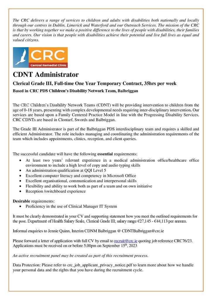 CDNT Administrator - Balbriggan | Central Remedial Clinic